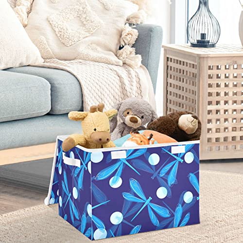 CaTaKu Cute Blue Dragonfly Storage Bins with Lids and Handles, Fabric Large Storage Container Cube Basket with Lid Decorative Storage Boxes for Organizing Clothes