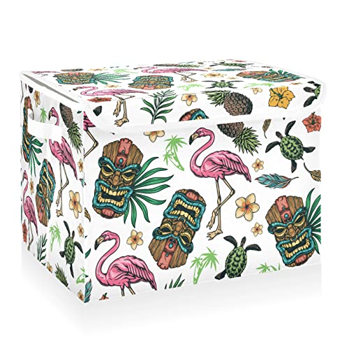 CaTaKu Ethnic Flamingo Turtle Storage Bins with Lids and Handles, Fabric Large Storage Container Cube Basket with Lid Decorative Storage Boxes for Organizing Clothes