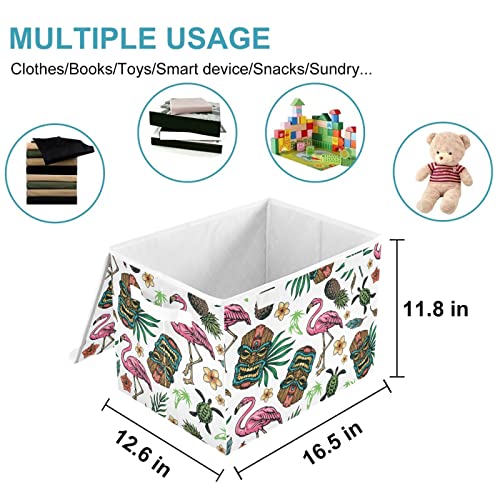 CaTaKu Ethnic Flamingo Turtle Storage Bins with Lids and Handles, Fabric Large Storage Container Cube Basket with Lid Decorative Storage Boxes for Organizing Clothes