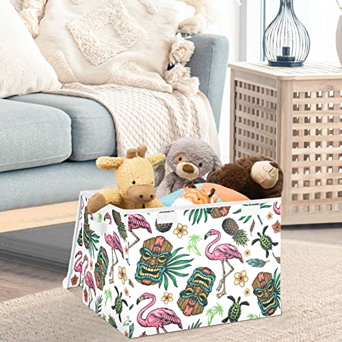 CaTaKu Ethnic Flamingo Turtle Storage Bins with Lids and Handles, Fabric Large Storage Container Cube Basket with Lid Decorative Storage Boxes for Organizing Clothes