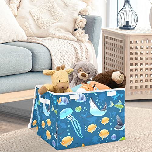 CaTaKu Blue Sea Fish Storage Bins with Lids and Handles, Fabric Large Storage Container Cube Basket with Lid Decorative Storage Boxes for Organizing Clothes