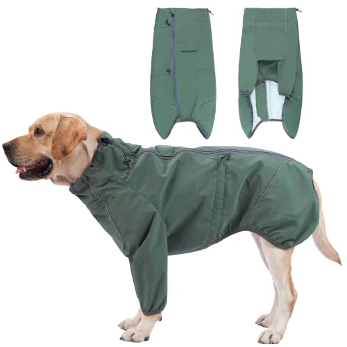 ROZKITCH Dog Jacket Waterproof Dog Raincoat with Zipper Harness Opening Reflective Strip for Small Medium Large Dog, Windproof Adjustable Rainwear with Two Leg Protectors High Collar, Pet Vest Green