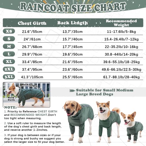 ROZKITCH Dog Jacket Waterproof Dog Raincoat with Zipper Harness Opening Reflective Strip for Small Medium Large Dog, Windproof Adjustable Rainwear with Two Leg Protectors High Collar, Pet Vest Green