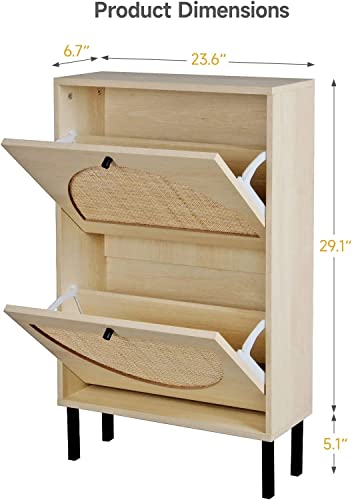 Angel Sar Rattan Shoe Cabinet with 2 Flip Drawers, Narrow Wood Shoe Storage Cabinet, Organizer for Entryway, Hallway, Bedroom, Apartment(Up to Women’s 9.5, Men’s 8.)