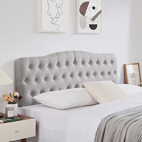 Iroomy Upholstered Full Headboard, Button Diamond Tufted Headboard with Adjustable Height and Solid Wood Leg, Linen Fabric Padded Headboard for Full Size Bed, Mordern Head Board, Grey