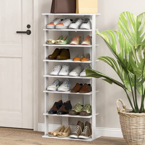 Tangkula 7-Tier Vertical Shoe Rack, Patented Entryway Wooden Double Rows Shoes Rack with Anti-Toppling Device, Narrow Shoe Rack Organizer, Space Saving Shoes Storage Stand for Front Door