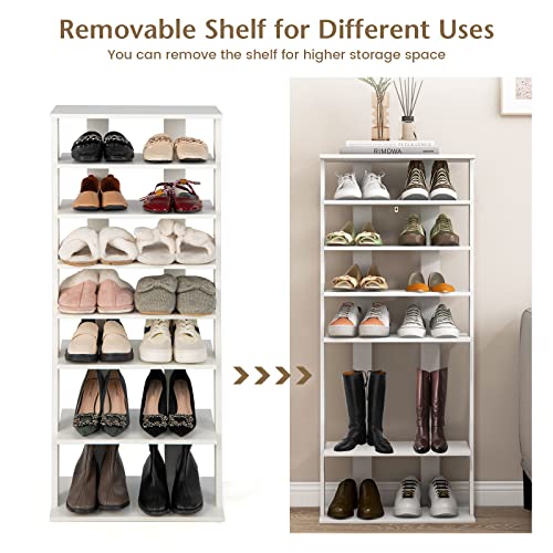 Tangkula 7-Tier Vertical Shoe Rack, Patented Entryway Wooden Double Rows Shoes Rack with Anti-Toppling Device, Narrow Shoe Rack Organizer, Space Saving Shoes Storage Stand for Front Door