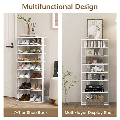 Tangkula 7-Tier Vertical Shoe Rack, Patented Entryway Wooden Double Rows Shoes Rack with Anti-Toppling Device, Narrow Shoe Rack Organizer, Space Saving Shoes Storage Stand for Front Door