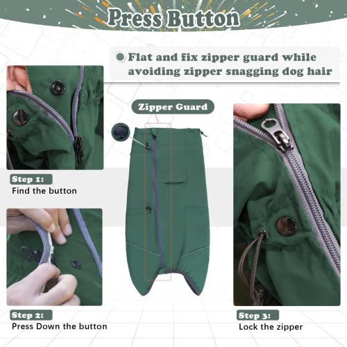 ROZKITCH Dog Jacket Waterproof Dog Raincoat with Zipper Harness Opening Reflective Strip for Small Medium Large Dog, Windproof Adjustable Rainwear with Two Leg Protectors High Collar, Pet Vest Green