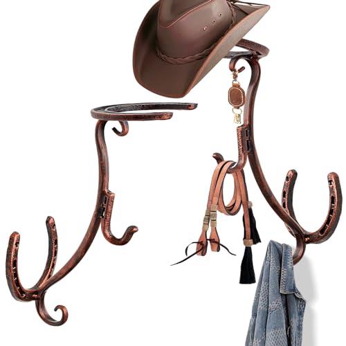 2 PCS Cowboy Hat Rack for Wall, Upgrade Western Cowboy Hat Holder Wall Mount, Rustic Horseshoe Hooks for Hats, Coats and Keys, Classical Heavy-Duty Iron Hat Hanger for Display and Storage