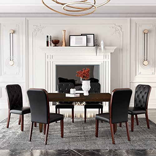 JESONVID Dining Room Table Set with 8 Leather Tufted Upholstered Chairs 67.3" Rectangular Kitchen Table with Dining 8 Chair Set for Dining Room Home Kitchen, Walnut+Black&Cherry CZ1318CY1533