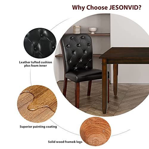 JESONVID Dining Room Table Set with 8 Leather Tufted Upholstered Chairs 67.3" Rectangular Kitchen Table with Dining 8 Chair Set for Dining Room Home Kitchen, Walnut+Black&Cherry CZ1318CY1533