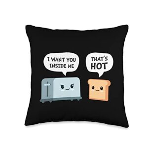 funny food pun wordplay cute and adorable food funny toast and toaster cute adorable kawaii food pun throw pillow, 16x16, multicolor