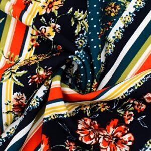 Texco Inc Printed Techno Scuba Knit Medium Flower Pattern/Poly Spandex Crepe Stretch Fabric DIY Project, Navy Teal Paprika 10 Yards