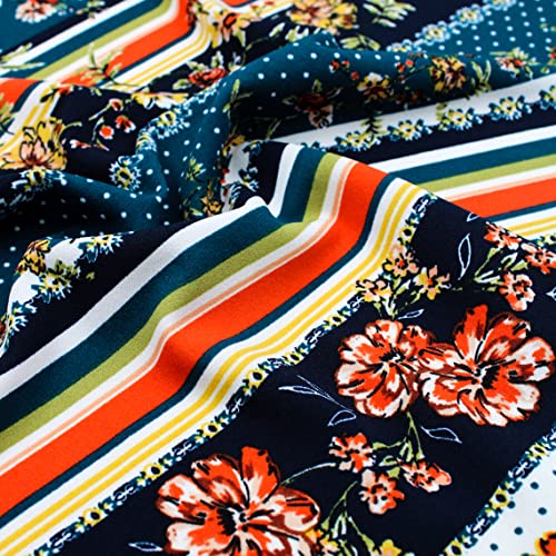 Texco Inc Printed Techno Scuba Knit Medium Flower Pattern/Poly Spandex Crepe Stretch Fabric DIY Project, Navy Teal Paprika 10 Yards