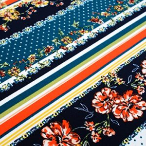 Texco Inc Printed Techno Scuba Knit Medium Flower Pattern/Poly Spandex Crepe Stretch Fabric DIY Project, Navy Teal Paprika 10 Yards