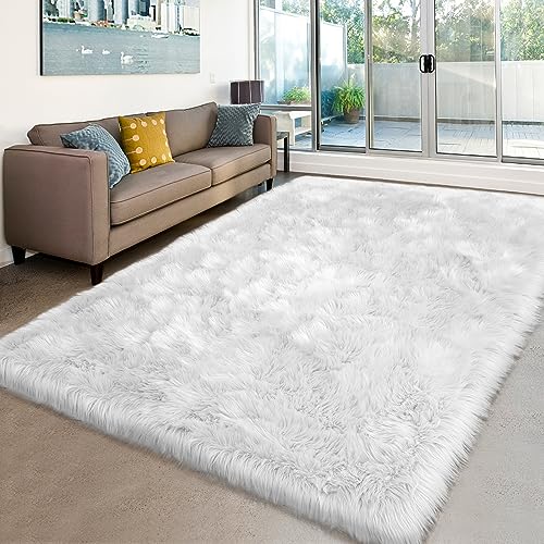 TENNOLA Sheepskin Rug 6x9 White Faux Fur Area Rugs for Living Room Fluffy Washable Rugs for Bedroom Nursery Room Luxury Room Decor Furry Rug Fuzzy Rug Rectangle Carpet