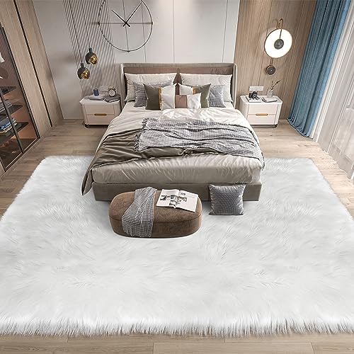 TENNOLA Sheepskin Rug 6x9 White Faux Fur Area Rugs for Living Room Fluffy Washable Rugs for Bedroom Nursery Room Luxury Room Decor Furry Rug Fuzzy Rug Rectangle Carpet