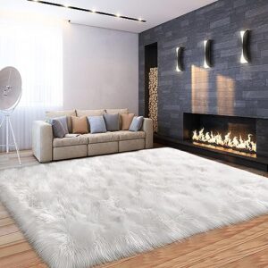 TENNOLA Sheepskin Rug 6x9 White Faux Fur Area Rugs for Living Room Fluffy Washable Rugs for Bedroom Nursery Room Luxury Room Decor Furry Rug Fuzzy Rug Rectangle Carpet