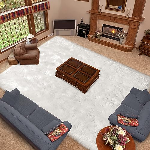 TENNOLA Sheepskin Rug 6x9 White Faux Fur Area Rugs for Living Room Fluffy Washable Rugs for Bedroom Nursery Room Luxury Room Decor Furry Rug Fuzzy Rug Rectangle Carpet