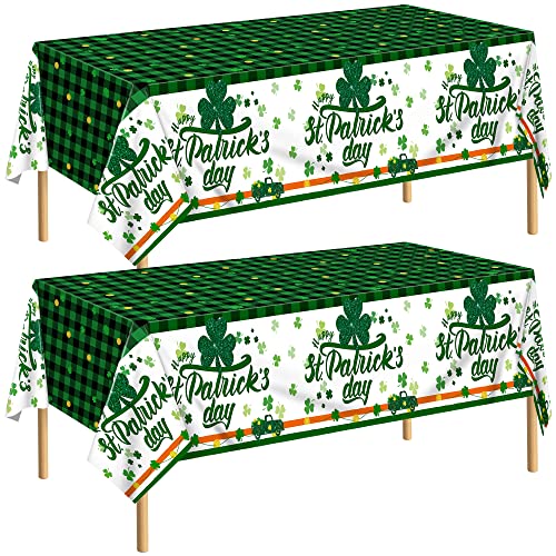 durony 2 Pack St Patrick's Day Tablecloth Green Shamrock Buffalo Plaid Table Cover Waterproof Plastic Tablecloth for St Patrick's Day Party Supplies Table Decorations, 108 x 54 Inch