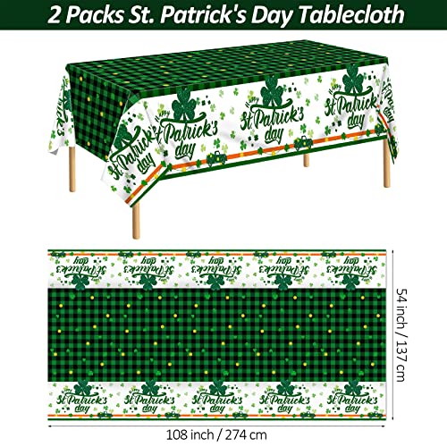 durony 2 Pack St Patrick's Day Tablecloth Green Shamrock Buffalo Plaid Table Cover Waterproof Plastic Tablecloth for St Patrick's Day Party Supplies Table Decorations, 108 x 54 Inch