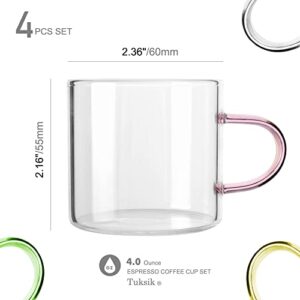 Tuksik Espresso Cups,4oz Glass Espresso coffee Cups Set of 4, Small Cappuccino Mugs, Clear Shot Glasses Microwave Dishwasher Safe, Universal for Home Party or Office, Gift for Espresso Lovers…