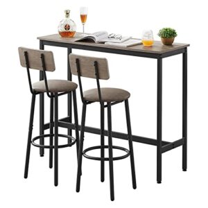 sweiko industrial bar table and chair set for 2 counter height table and stools with backrest rectangular dining table set of 3 with pu seat chairs for breakfast nook restaurant apartment grey