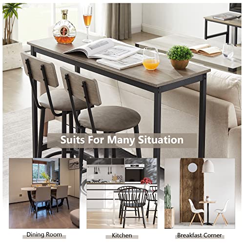 Sweiko Industrial Bar Table and Chair Set for 2 Counter Height Table and Stools with Backrest Rectangular Dining Table Set of 3 with PU Seat Chairs for Breakfast Nook Restaurant Apartment Grey