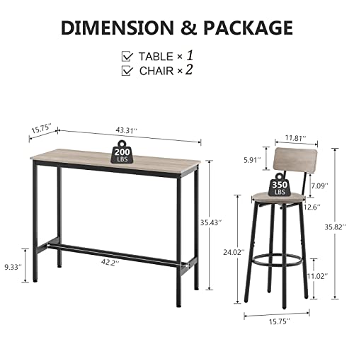 Sweiko Industrial Bar Table and Chair Set for 2 Counter Height Table and Stools with Backrest Rectangular Dining Table Set of 3 with PU Seat Chairs for Breakfast Nook Restaurant Apartment Grey