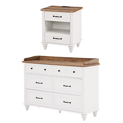 WAMPAT 2 Piece Dresser and Nightstand Sets, White Dresser & Chests of Drawers with 6 Drawers, Mid-Century Modern End Table with Charging Station and Solid Wood Legs, 2 Piece Bedroom Set