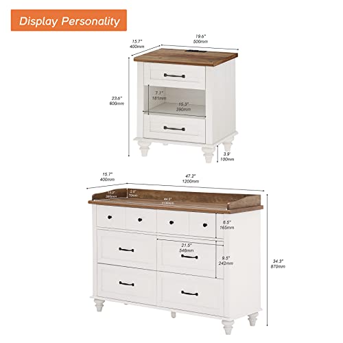 WAMPAT 2 Piece Dresser and Nightstand Sets, White Dresser & Chests of Drawers with 6 Drawers, Mid-Century Modern End Table with Charging Station and Solid Wood Legs, 2 Piece Bedroom Set