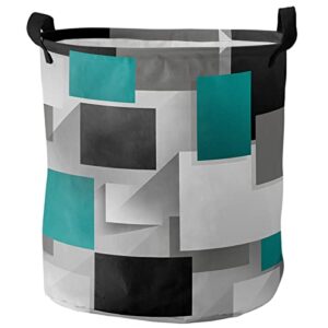 teal geometry large laundry basket, waterproof laundry hamper for baby clothes, modern abstract art ombre black grey foldable laundry baskets with handles, 16.5''x17''