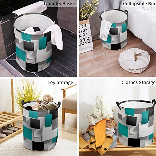 Teal Geometry Large Laundry Basket, Waterproof Laundry Hamper for Baby Clothes, Modern Abstract Art Ombre Black Grey Foldable Laundry Baskets with Handles, 16.5''x17''