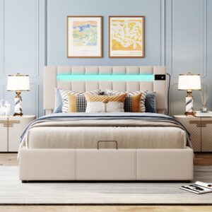 Harper & Bright Designs Upholstered Queen Platform Bed with LED Headboard, Bluetooth Player and USB Charging, Velvet Fabric Queen Size Bed with Lift Up Storage, No Box Spring Needed (Beige)