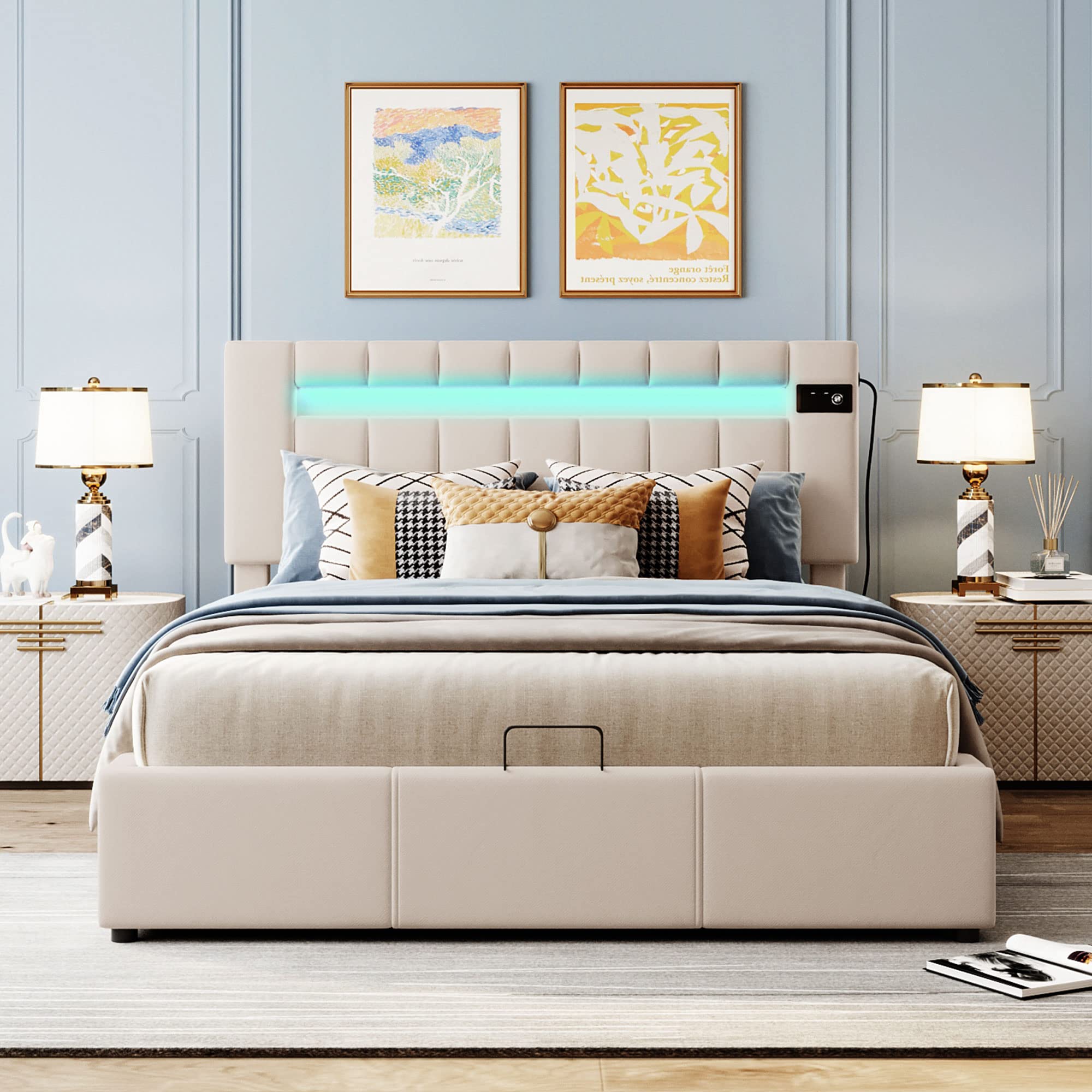 Harper & Bright Designs Upholstered Queen Platform Bed with LED Headboard, Bluetooth Player and USB Charging, Velvet Fabric Queen Size Bed with Lift Up Storage, No Box Spring Needed (Beige)