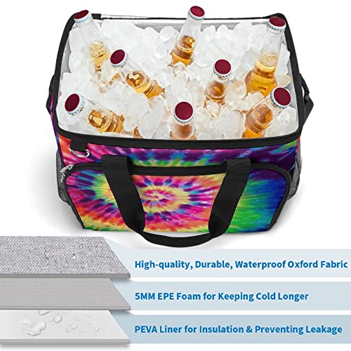 Tie Dye Insulated Bag Portable Ice Box Cooler Shoulder Pack with Side Pocket for Grocery Shopping Picnics Work Meals