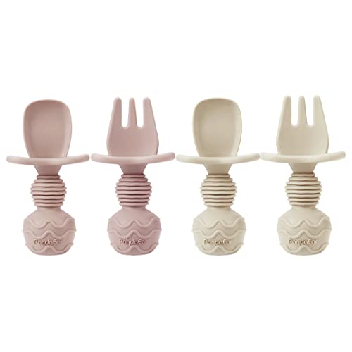 PandaEar 4 Pack Silicone Baby Spoons Forks Feeding Set, Toddler Utensils Baby Led Weaning Supplies, First Stage Baby Spoon Self Feeding 6 Months Old Baby Essentials