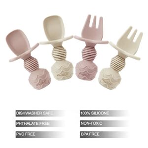 PandaEar 4 Pack Silicone Baby Spoons Forks Feeding Set, Toddler Utensils Baby Led Weaning Supplies, First Stage Baby Spoon Self Feeding 6 Months Old Baby Essentials