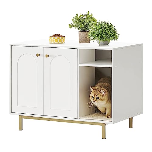 Hzuaneri Cat Litter Box Enclosure, Hidden Litter Box Furniture, Wooden Pet House Side End Table, Storage Cabinet Bench, Fit Most Cat and Litter Box, Living Room, Bedroom, White and Gold 01503GCLB