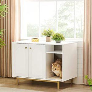 Hzuaneri Cat Litter Box Enclosure, Hidden Litter Box Furniture, Wooden Pet House Side End Table, Storage Cabinet Bench, Fit Most Cat and Litter Box, Living Room, Bedroom, White and Gold 01503GCLB