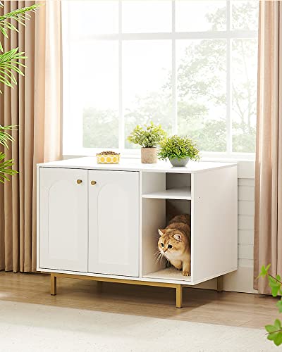 Hzuaneri Cat Litter Box Enclosure, Hidden Litter Box Furniture, Wooden Pet House Side End Table, Storage Cabinet Bench, Fit Most Cat and Litter Box, Living Room, Bedroom, White and Gold 01503GCLB