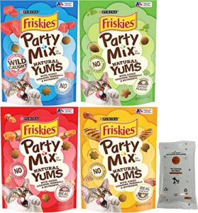 aurora pet variety pack (4) friskies party mix natural yums cat treats (chicken, salmon, tuna and catnip) 6-oz each with aurorapet wipes