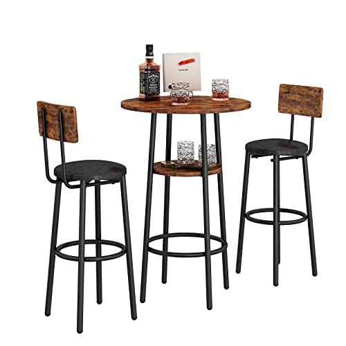 WIIS' IDEA 3-Piece Small Bar Dining Table Set for 2, Round Kitchen Table & 2 Barstools Chairs with PU Soft Seat and Backrest for Breakfast Nook, Small Space, Apartment, Rustic Brown