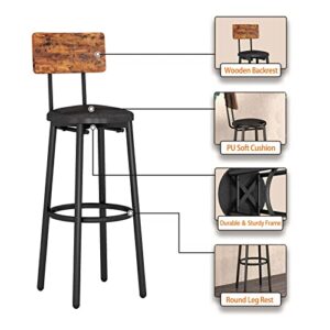 WIIS' IDEA 3-Piece Small Bar Dining Table Set for 2, Round Kitchen Table & 2 Barstools Chairs with PU Soft Seat and Backrest for Breakfast Nook, Small Space, Apartment, Rustic Brown