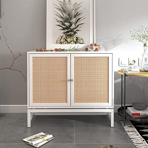 LKTART Mid-Century Natural Rattan Buffet Sideboard Storage Cabinet with 2 Doors 1 Adjustable Inner Shelf Storage Cabinet Console Table for Dining Room Bedroom Kitchen Hallway