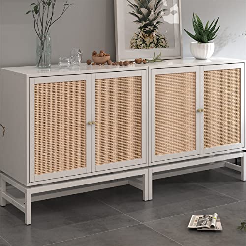 LKTART Mid-Century Natural Rattan Buffet Sideboard Storage Cabinet with 2 Doors 1 Adjustable Inner Shelf Storage Cabinet Console Table for Dining Room Bedroom Kitchen Hallway