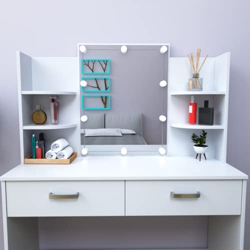 AOCOROE Makeup Vanity Table with Mirror & 10 Light Bulbs, White Vanity Set with Cushioned Stool, 6 Storage Shelves 2 Drawers, 42.5in(L) Dressing Table Dresser Desk for Women, Girls, Bedroom