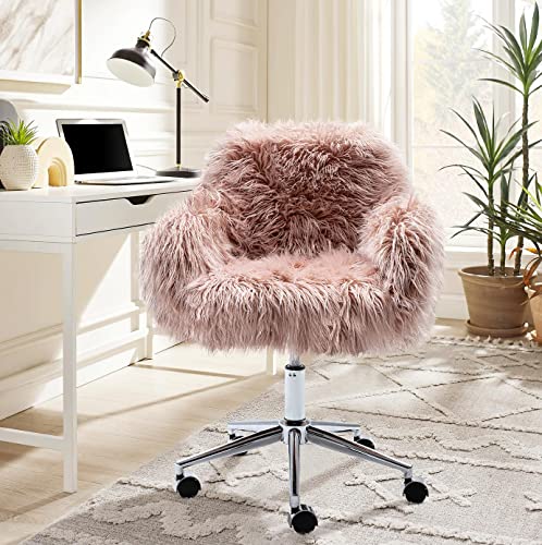 Lamerge Faux Fur Chair,Fluffy Upholstered Padded Seat,Adjustable Seat Height,Swivel Chair with Wheels,Perfect As Makeup Vanity Chair,Office Chair Pink