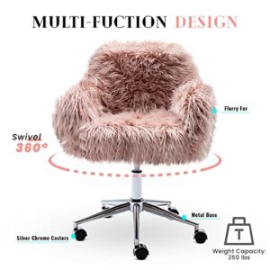 Lamerge Faux Fur Chair,Fluffy Upholstered Padded Seat,Adjustable Seat Height,Swivel Chair with Wheels,Perfect As Makeup Vanity Chair,Office Chair Pink